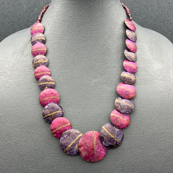 Jewelry | Purple Overlapping Disc Necklace Hammered Gold Stripe Hand ...